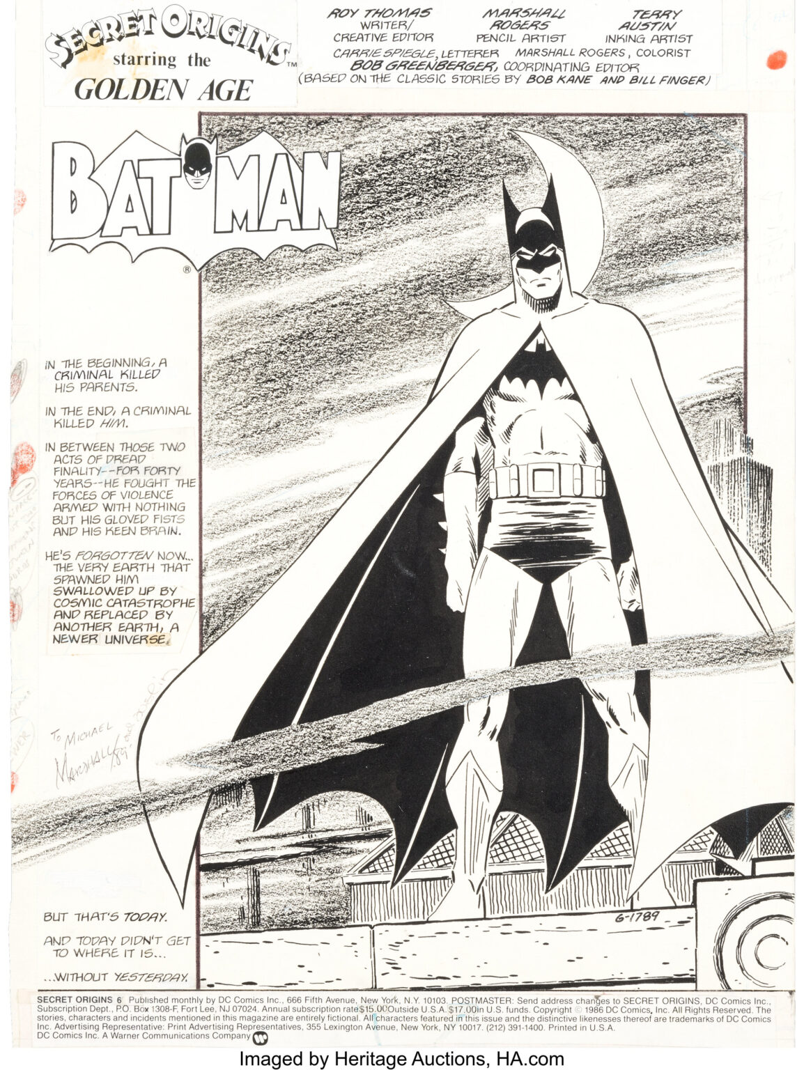 SECRET ORIGINS: MARSHALL ROGERS’ Classic BATMAN Splash Going Up for ...